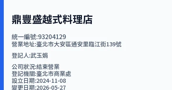 鼎豐盛越式料理店的照片-統編 93204129(臺北市) 公司登記資料與營業項目詳細圖表
