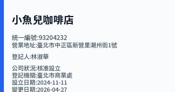 小魚兒咖啡店的照片-統編 93204232(臺北市) 公司登記資料與營業項目詳細圖表