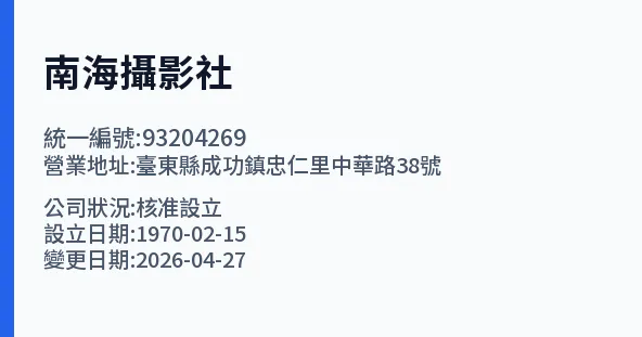 南海攝影社的照片-統編 93204269(臺東縣) 公司登記資料與營業項目詳細圖表