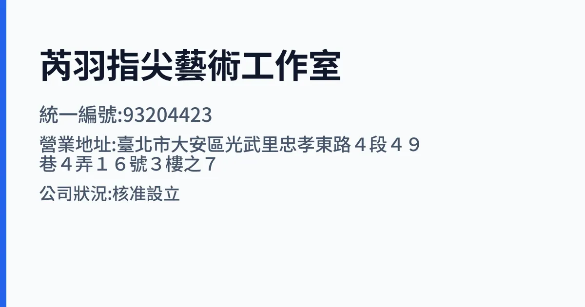芮羽指尖藝術工作室 - 統編 93204423(臺北市) 公司登記資料與營業項目詳細圖表
