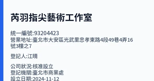 芮羽指尖藝術工作室的照片-統編 93204423(臺北市) 公司登記資料與營業項目詳細圖表