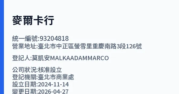 麥爾卡行的照片-統編 93204818(臺北市) 公司登記資料與營業項目詳細圖表