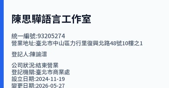 陳思驊語言工作室的照片-統編 93205274(臺北市) 公司登記資料與營業項目詳細圖表