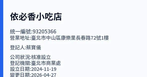 依必香小吃店的照片-統編 93205366(臺北市) 公司登記資料與營業項目詳細圖表