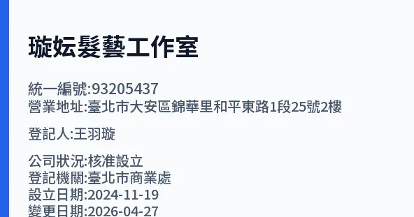 璇妘髮藝工作室的照片-統編 93205437(臺北市) 公司登記資料與營業項目詳細圖表