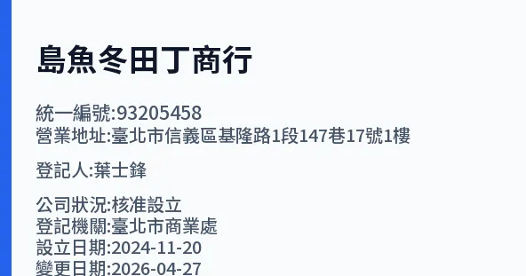 島魚冬田丁商行的照片-統編 93205458(臺北市) 公司登記資料與營業項目詳細圖表
