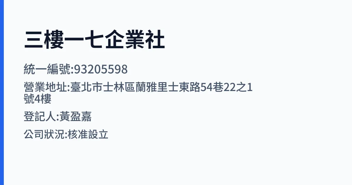 三樓一七企業社 - 統編 93205598(臺北市) 公司登記資料與營業項目詳細圖表