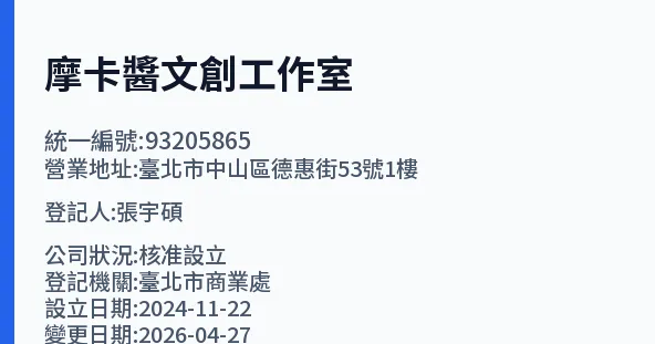 摩卡醬文創工作室的照片-統編 93205865(臺北市) 公司登記資料與營業項目詳細圖表