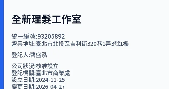 全新理髮工作室的照片-統編 93205892(臺北市) 公司登記資料與營業項目詳細圖表