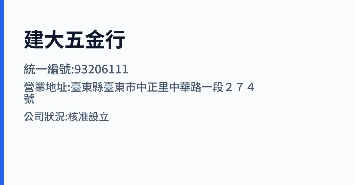 建大五金行 - 統編 93206111（臺東縣） 公司登記資料與營業項目詳細圖表