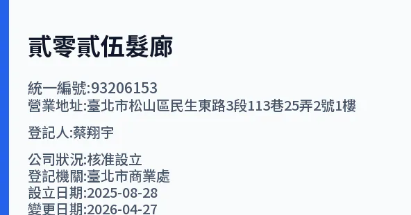 貳零貳伍髮廊的照片-統編 93206153(臺北市) 公司登記資料與營業項目詳細圖表