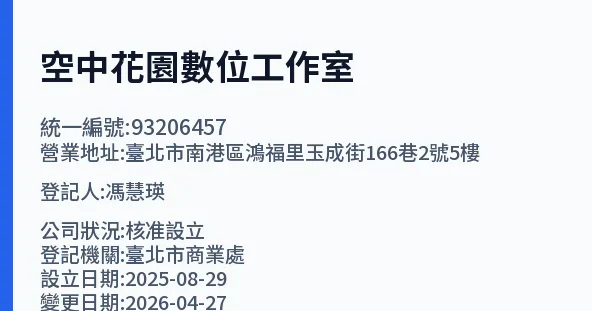 空中花園數位工作室的照片-統編 93206457(臺北市) 公司登記資料與營業項目詳細圖表