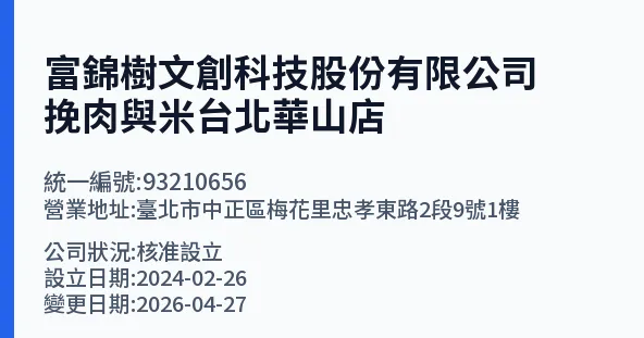 富錦樹文創科技股份有限公司挽肉與米台北華山店的照片-統編 93210656(臺北市) 公司登記資料與營業項目詳細圖表