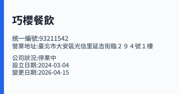 巧櫻餐飲的照片-統編 93211542(臺北市) 公司登記資料與營業項目詳細圖表
