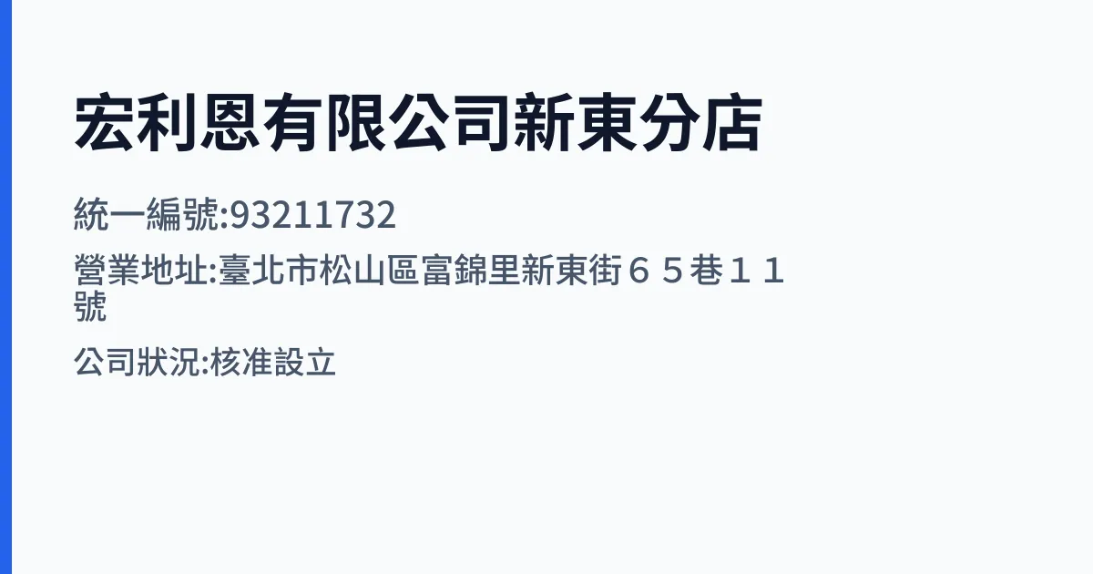 宏利恩有限公司新東分店 - 統編 93211732(臺北市) 公司登記資料與營業項目詳細圖表