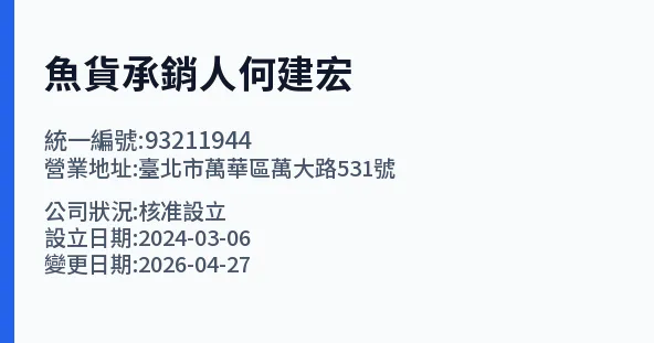 魚貨承銷人何建宏的照片-統編 93211944(臺北市) 公司登記資料與營業項目詳細圖表
