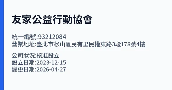 友家公益行動協會的照片-統編 93212084(臺北市) 公司登記資料與營業項目詳細圖表