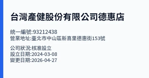 台灣產健股份有限公司德惠店的照片-統編 93212438(臺北市) 公司登記資料與營業項目詳細圖表