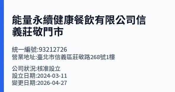 能量永續健康餐飲有限公司信義莊敬門市的照片-統編 93212726(臺北市) 公司登記資料與營業項目詳細圖表