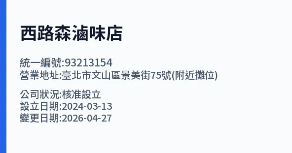 西路森滷味店的照片-統編 93213154(臺北市) 公司登記資料與營業項目詳細圖表