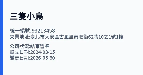 三隻小鳥的照片-統編 93213458(臺北市) 公司登記資料與營業項目詳細圖表