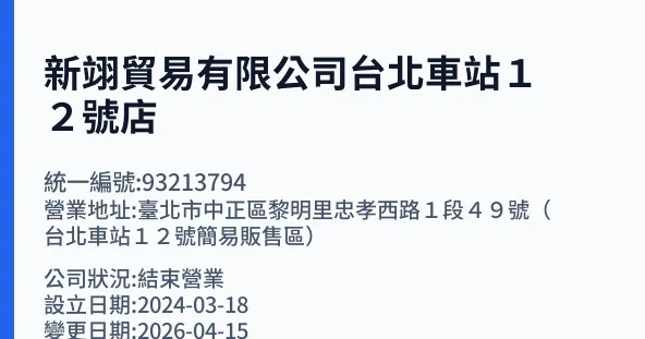 新翊貿易有限公司台北車站１２號店的照片-統編 93213794(臺北市) 公司登記資料與營業項目詳細圖表