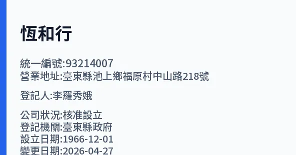 恆和行的照片-統編 93214007(臺東縣) 公司登記資料與營業項目詳細圖表