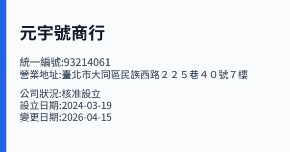 元宇號商行的照片-統編 93214061(臺北市) 公司登記資料與營業項目詳細圖表