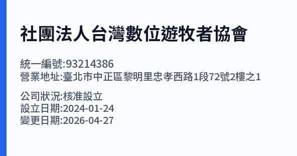 社團法人台灣數位遊牧者協會的照片-統編 93214386(臺北市) 公司登記資料與營業項目詳細圖表