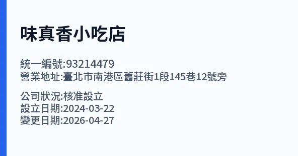 味真香小吃店的照片-統編 93214479(臺北市) 公司登記資料與營業項目詳細圖表