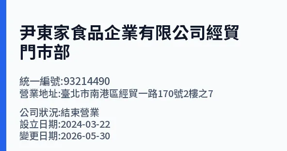 尹東家食品企業有限公司經貿門巿部的照片-統編 93214490(臺北市) 公司登記資料與營業項目詳細圖表