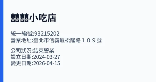 囍囍小吃店的照片-統編 93215202(臺北市) 公司登記資料與營業項目詳細圖表
