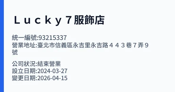 Ｌｕｃｋｙ７服飾店的照片-統編 93215337(臺北市) 公司登記資料與營業項目詳細圖表