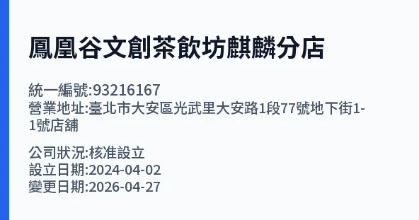 鳳凰谷文創茶飲坊麒麟分店的照片-統編 93216167(臺北市) 公司登記資料與營業項目詳細圖表