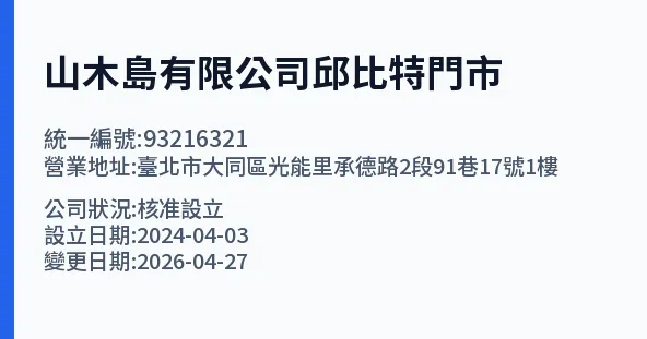 山木島有限公司邱比特門市的照片-統編 93216321(臺北市) 公司登記資料與營業項目詳細圖表