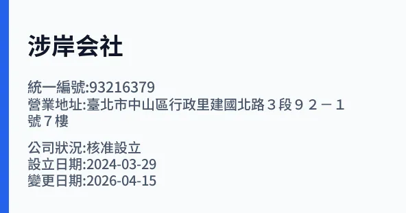 涉岸会社的照片-統編 93216379(臺北市) 公司登記資料與營業項目詳細圖表