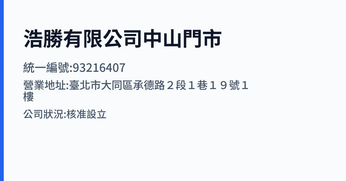 浩勝有限公司中山門市 - 統編 93216407(臺北市) 公司登記資料與營業項目詳細圖表