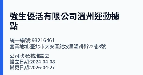 強生優活有限公司溫州運動據點的照片-統編 93216461(臺北市) 公司登記資料與營業項目詳細圖表