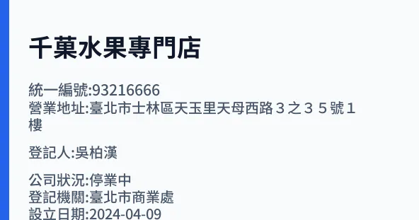 千菓水果專門店的照片-統編 93216666(臺北市) 公司登記資料與營業項目詳細圖表