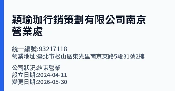 穎瑜珈行銷策劃有限公司南京營業處的照片-統編 93217118(臺北市) 公司登記資料與營業項目詳細圖表