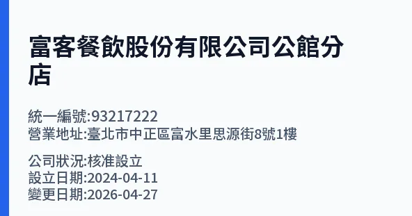 富客餐飲股份有限公司公館分店的照片-統編 93217222(臺北市) 公司登記資料與營業項目詳細圖表