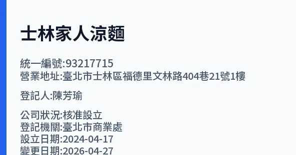 士林家人涼麵的照片-統編 93217715(臺北市) 公司登記資料與營業項目詳細圖表