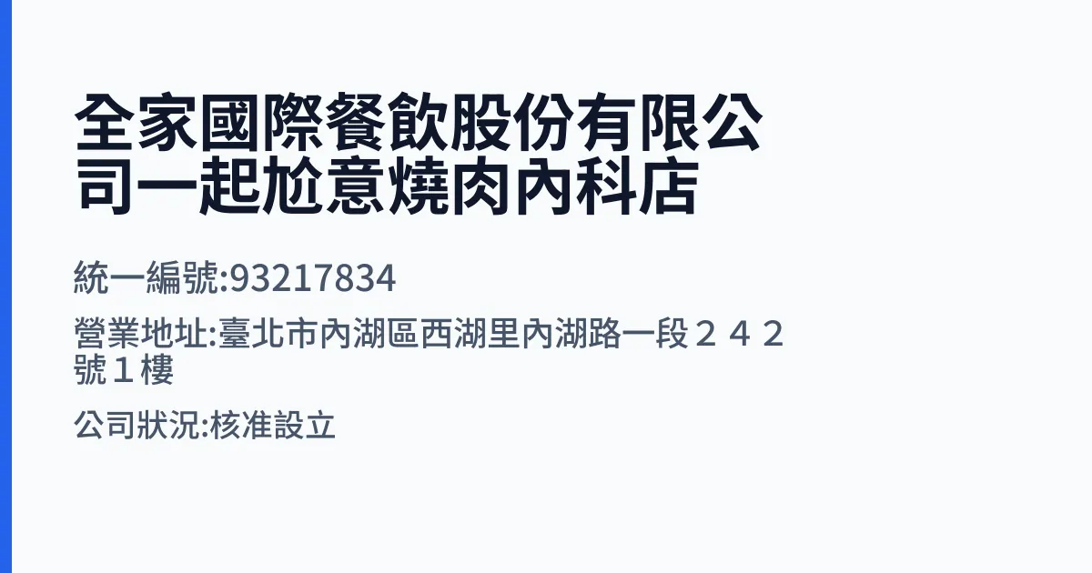 全家國際餐飲股份有限公司一起尬意燒肉內科店 - 統編 93217834(臺北市) 公司登記資料與營業項目詳細圖表
