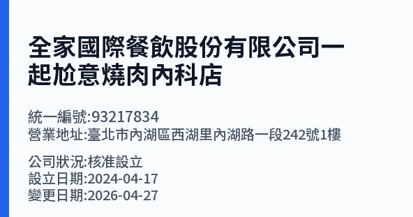 全家國際餐飲股份有限公司一起尬意燒肉內科店的照片-統編 93217834(臺北市) 公司登記資料與營業項目詳細圖表