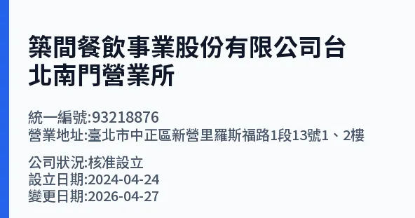 築間餐飲事業股份有限公司台北南門營業所的照片-統編 93218876(臺北市) 公司登記資料與營業項目詳細圖表