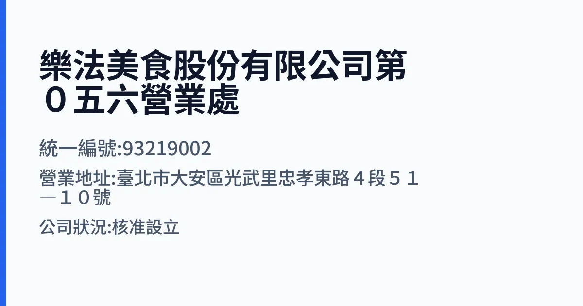 樂法美食股份有限公司第0五六營業處 - 統編 93219002(臺北市) 公司登記資料與營業項目詳細圖表
