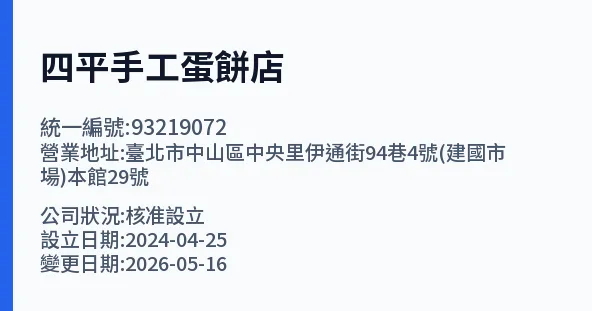 四平手工蛋餅店的照片-統編 93219072(臺北市) 公司登記資料與營業項目詳細圖表
