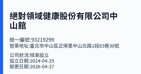絕對領域健康股份有限公司中山館的照片-統編 93219299(臺北市) 公司登記資料與營業項目詳細圖表