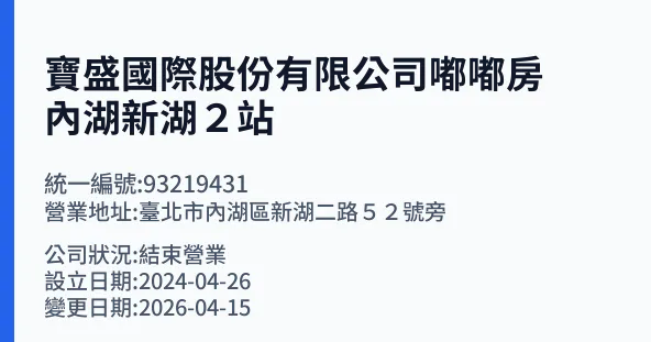 寶盛國際股份有限公司嘟嘟房內湖新湖２站的照片-統編 93219431(臺北市) 公司登記資料與營業項目詳細圖表