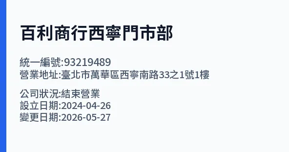 百利商行西寧門市部的照片-統編 93219489(臺北市) 公司登記資料與營業項目詳細圖表